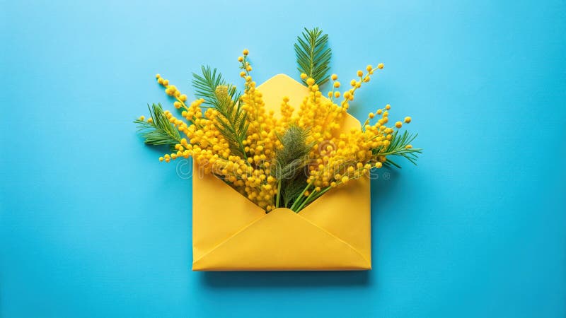 Spring Invitation Mockup Yellow Envelope and Card on Blue a Blank ...