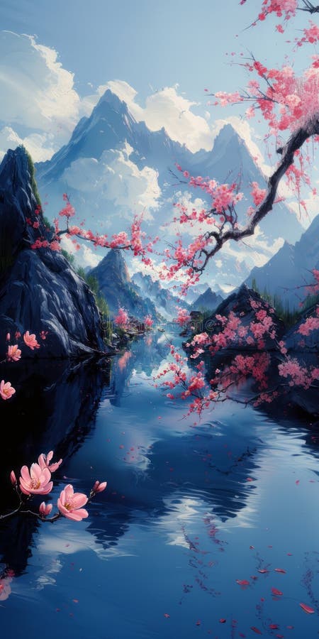 Spring in Japan, Oriental Spring. Mountains Rocks. Art, AI Illustration ...