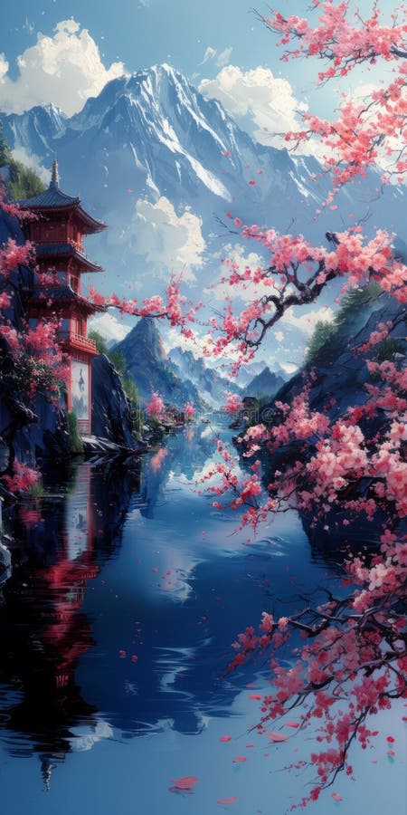 Spring in Japan, Oriental Spring. Mountains. Art, AI Illustration Stock ...