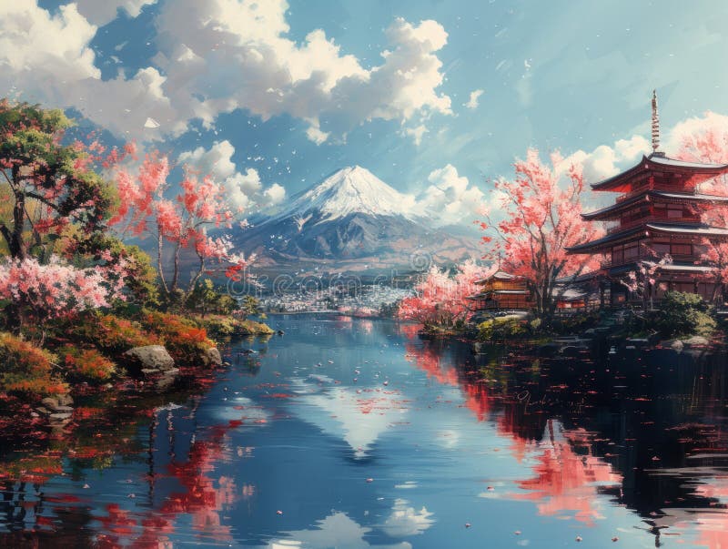 Spring in Japan, Oriental Spring. Mountains Rocks. Art, AI Illustration ...