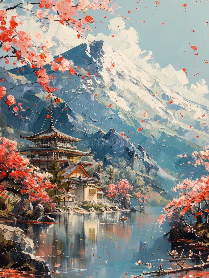 Spring in Japan, Oriental Spring. Mountains. Art, AI Illustration Stock ...