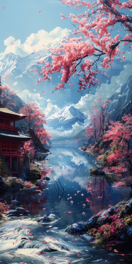 Spring in Japan, Spring. Mountains, Rocks. Art, AI Illustration Stock ...