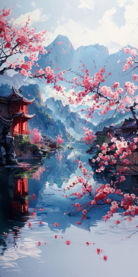 Spring in Japan, Spring. Mountains, Rocks. Art, AI Illustration Stock ...