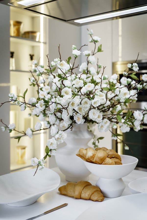 Spring Kitchen Interior. Stylish Breakfast with Croissants Stock Image ...