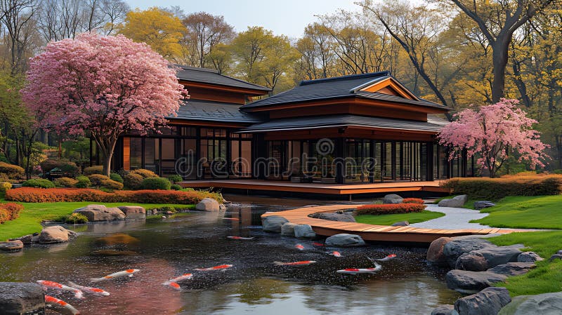 Spring Koi Pond, Japanese Garden House Stock Illustration ...