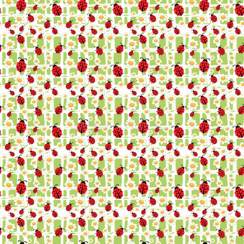 Spring Lady Bug Pattern White Daisy Flowers Green Leaves on White ...
