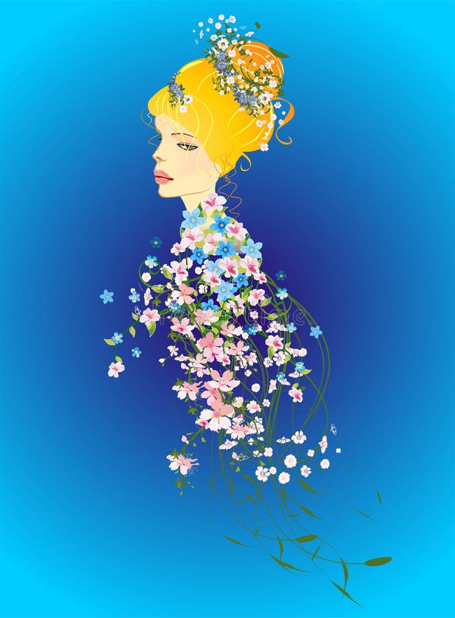 Spring lady in flowers stock illustration. Illustration of eyes - 67883836