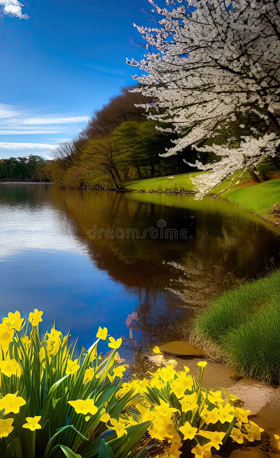 Spring lake stock illustration. Illustration of sunlight - 275151951