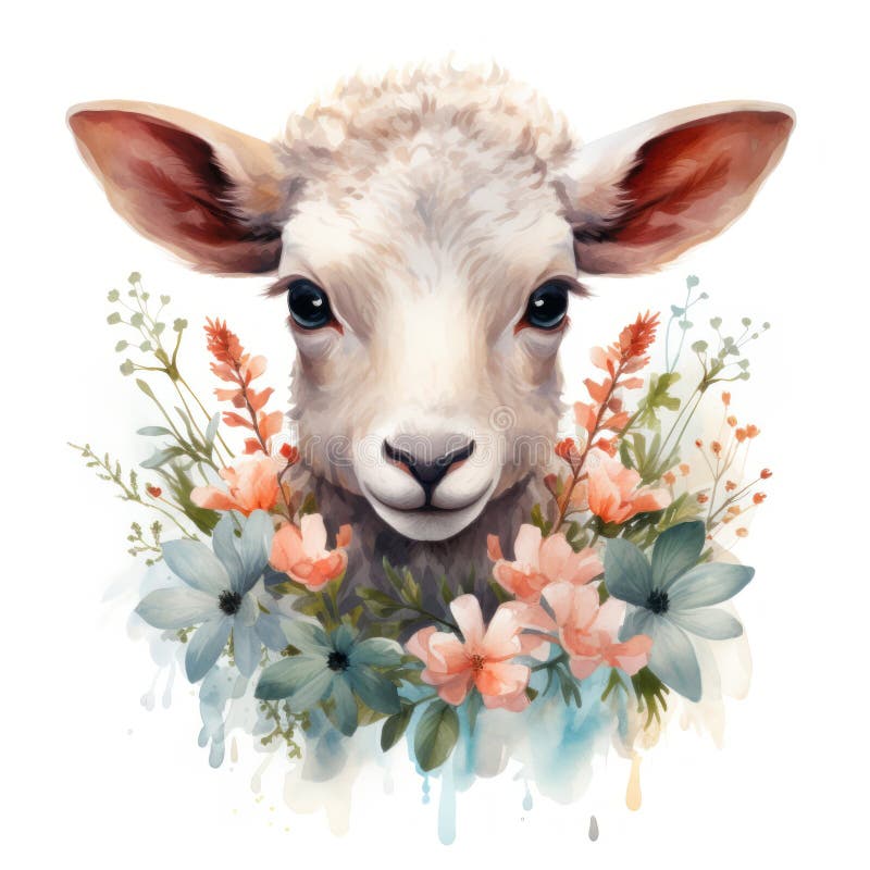 Spring Lamb with Minimalist Flowers on White Background AI Generated ...