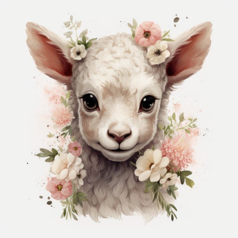 Spring Lamb with Minimalist Flowers on White Background AI Generated ...