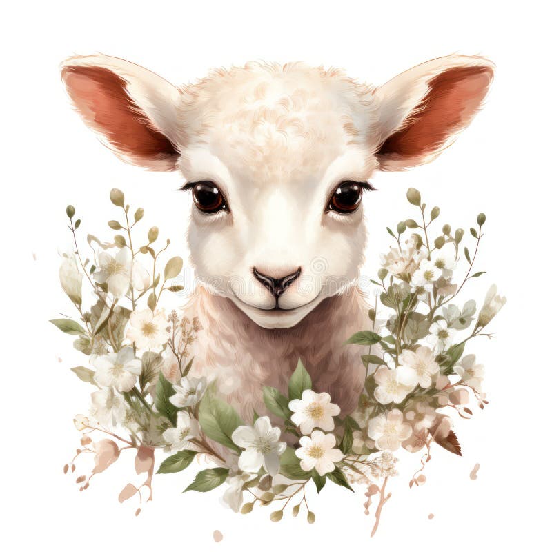 Spring Lamb with Minimalist Flowers on White Background AI Generated ...