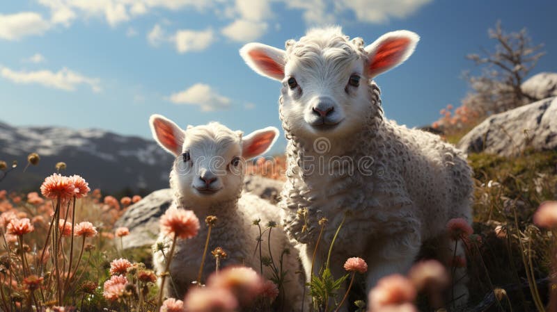Spring Lambs. Cute Lambs on Field in Spring. Generative Ai Stock Photo ...