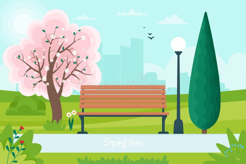 Spring Landscape with Bench in the Park and a Flowering Tree. Vector ...