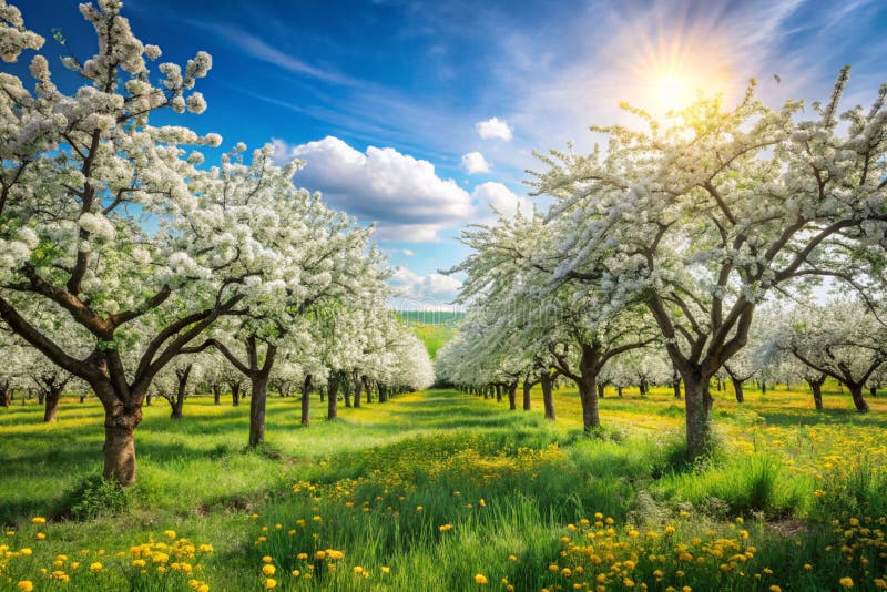 Spring Landscape with Blooming Apple Trees Stock Illustration ...