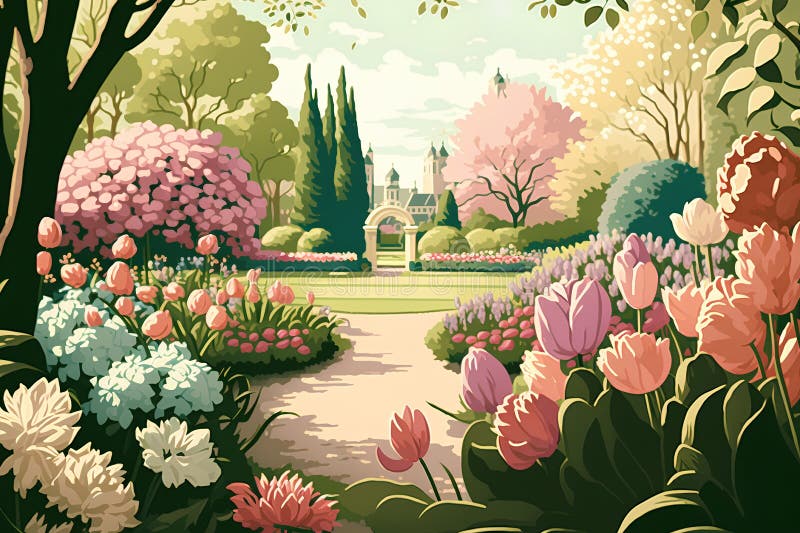Spring Landscape with Blooming Garden. Vector Illustration in Cartoon ...