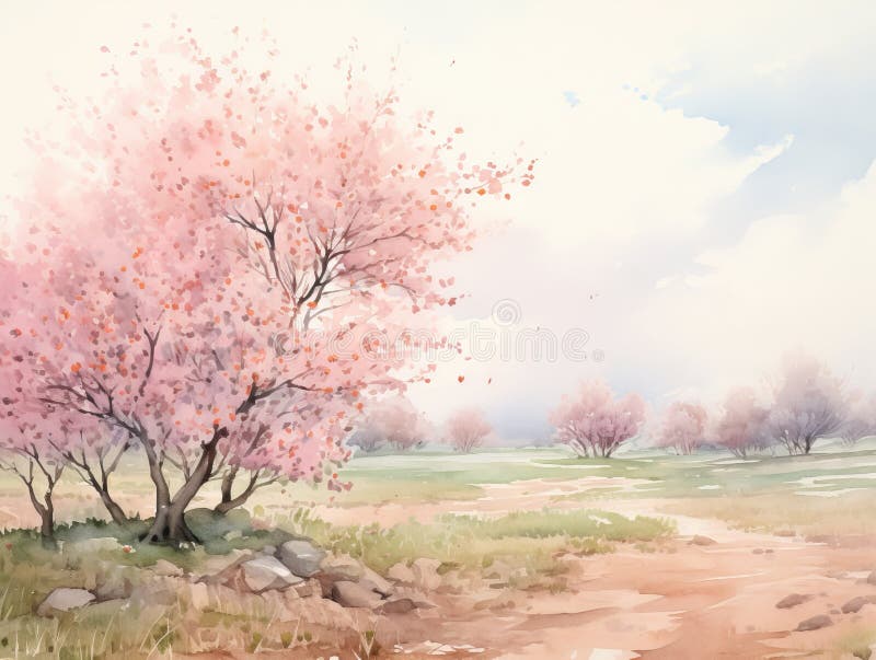 Spring Landscape with Blooming Sakura Tree. Watercolor Illustration ...