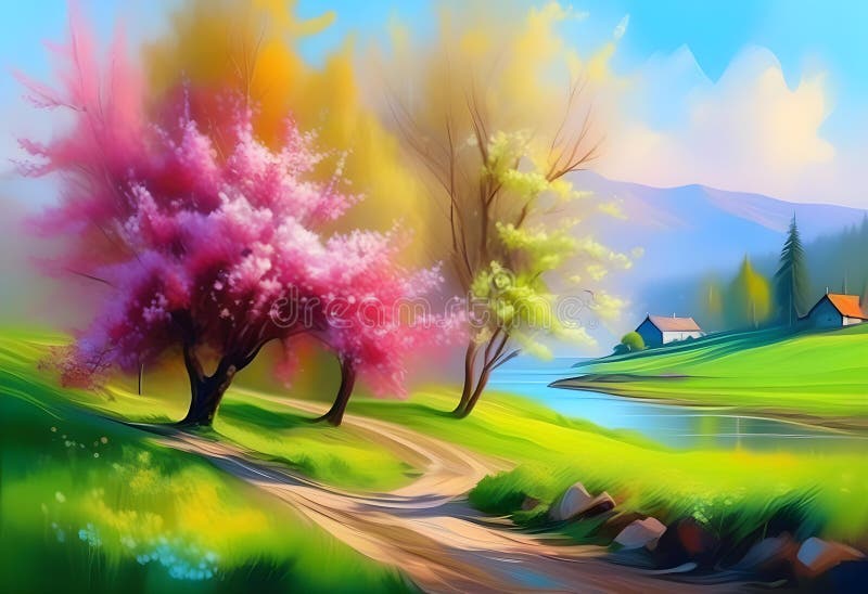 Spring Landscape with Blooming Tree, Digital Oil Paintings Spring ...