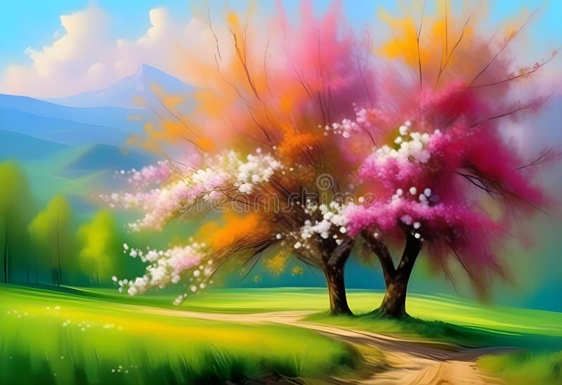 Spring Landscape with Blooming Tree, Digital Oil Paintings Spring ...