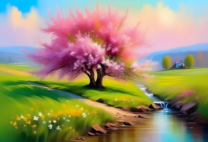 Spring Landscape with Blooming Tree, Digital Oil Paintings Spring ...
