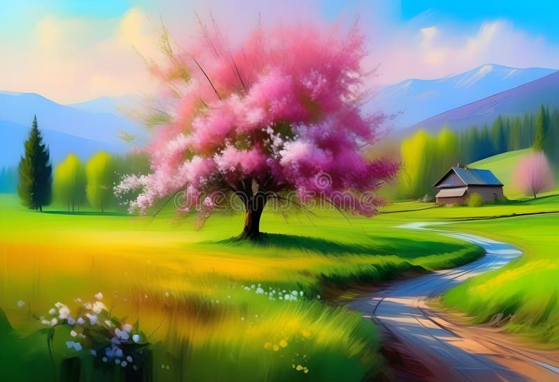 Spring Landscape with Blooming Tree, Digital Oil Paintings Spring ...