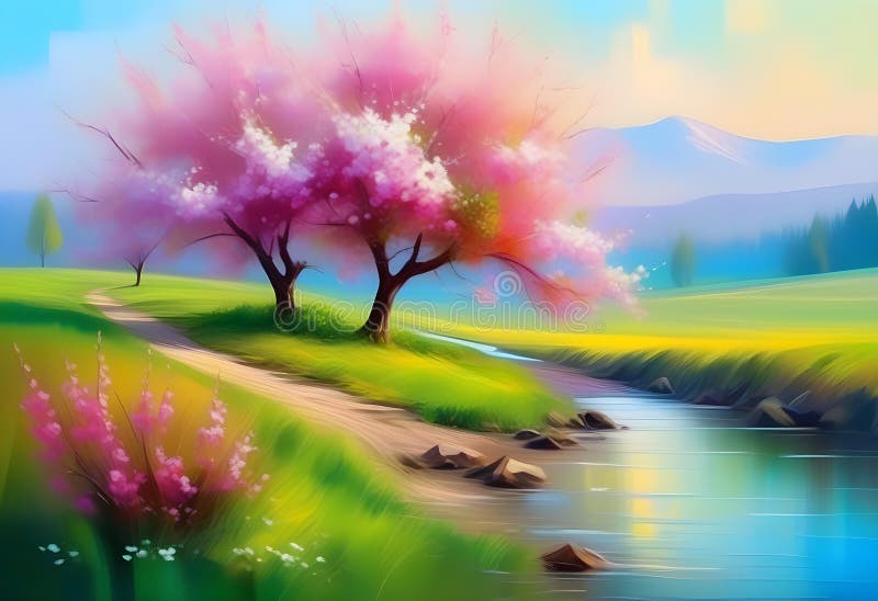 Spring Landscape with Blooming Tree, Digital Oil Paintings Spring ...