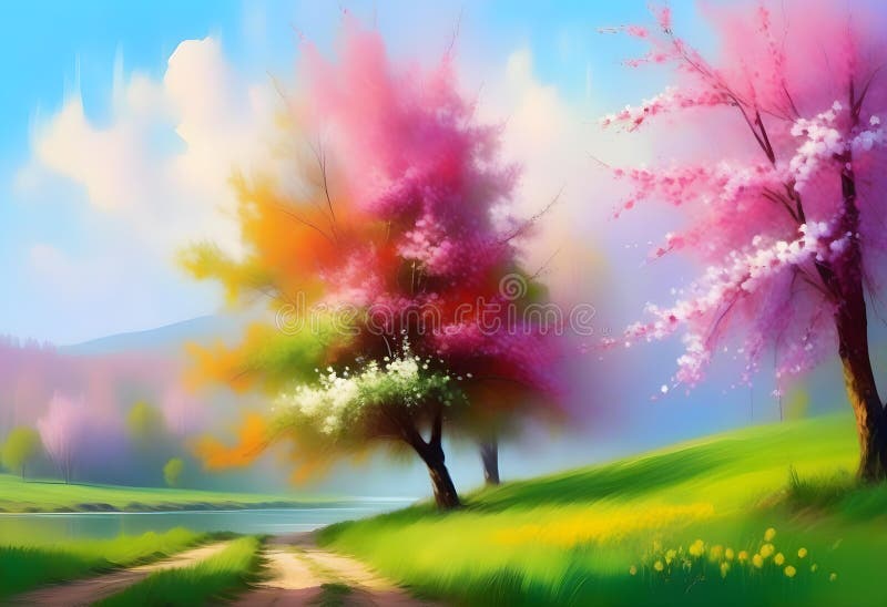 Spring Landscape with Blooming Tree, Digital Oil Paintings Spring ...