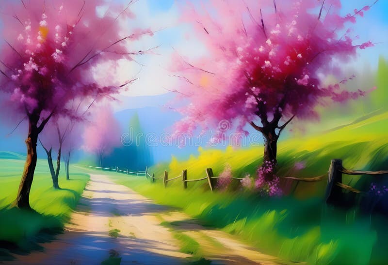 Spring Landscape with Blooming Tree, Digital Oil Paintings Spring ...