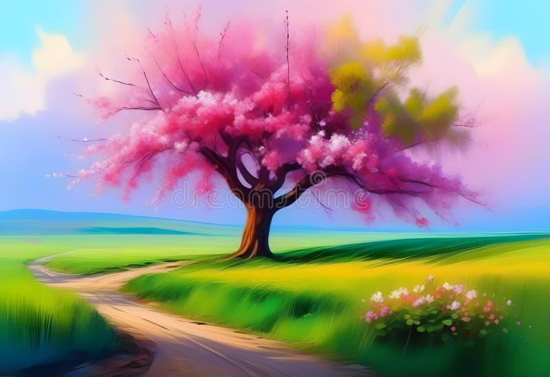 Spring Landscape with Blooming Tree, Digital Oil Paintings Spring ...