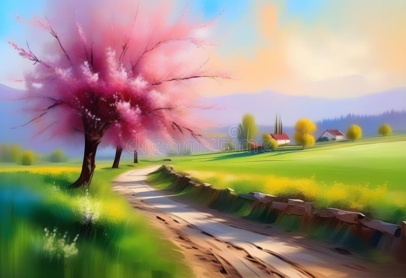 Spring Landscape with Blooming Tree, Digital Oil Paintings Spring ...