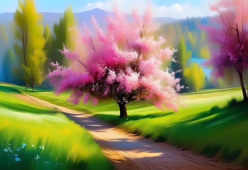 Spring Landscape with Blooming Tree, Digital Oil Paintings Spring ...