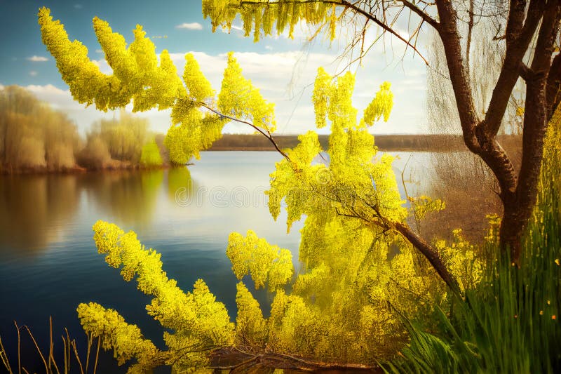 Spring Landscape with Blooming Willow. Generative AI, Generative, AI ...