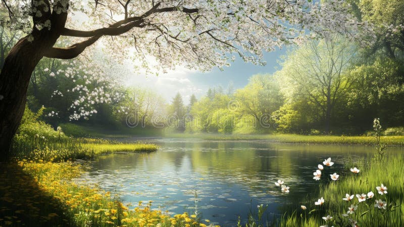 Spring Landscape with Blossoming Tree and Calm Lake Stock Illustration ...