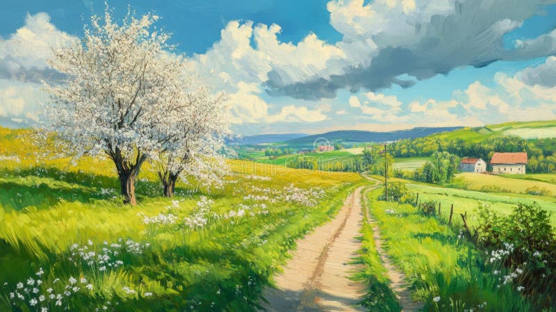 Spring Landscape with Blossoming Trees and Dirt Road Stock Illustration ...