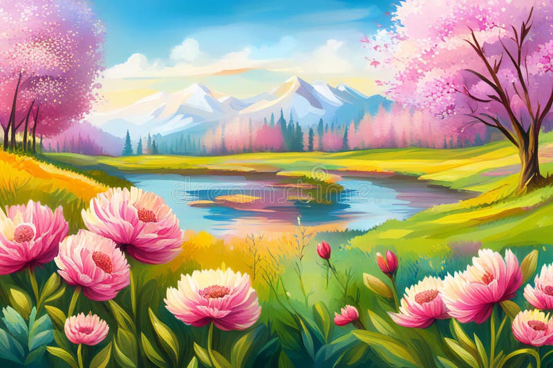 Spring Landscape with Blossoming Trees, Fields and Mountains in the ...