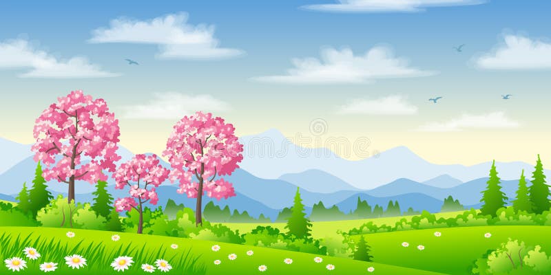 Spring Landscape with Blossoming Trees Stock Vector - Illustration of ...