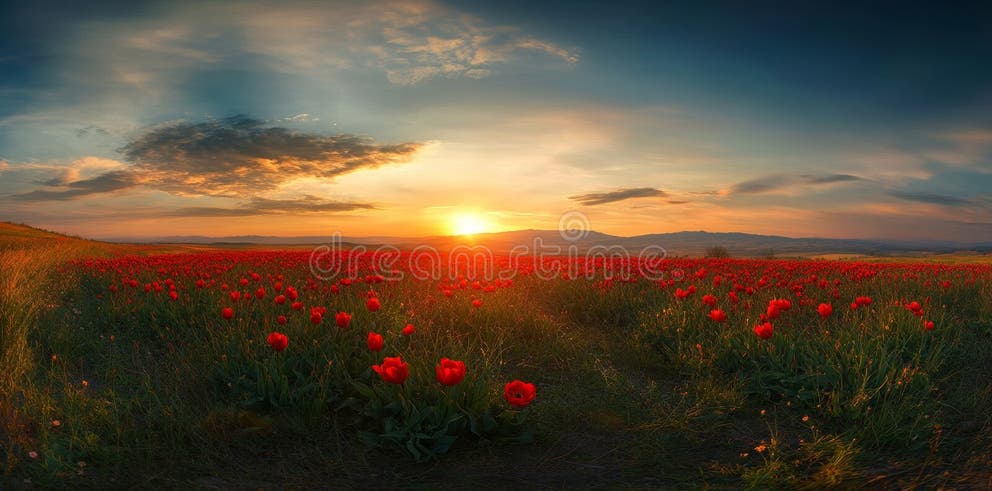 A Spring Landscape Bursting with a Brilliant Array of Red Tulips Stock ...