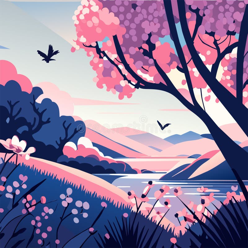 Spring Landscape with Cherry Blossom Trees and Lake. Vector ...