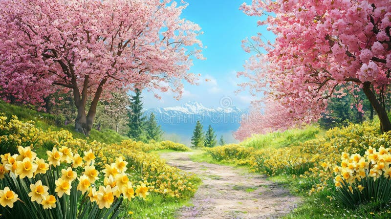 Spring Landscape with Cherry Blossoms and Daffodils. Stock Image ...