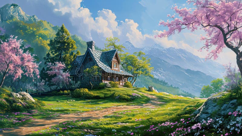 Spring Landscape with Cottage and Blooming Tree Stock Image - Image of ...