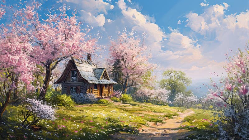 Spring Landscape with Cottage and Blooming Tree Stock Photo - Image of ...