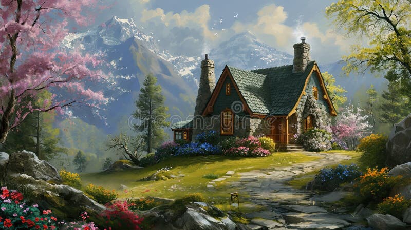 Spring Landscape with Cottage and Blooming Tree Stock Photo - Image of ...