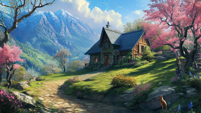 Spring Landscape with Cottage and Blooming Tree Stock Photo - Image of ...