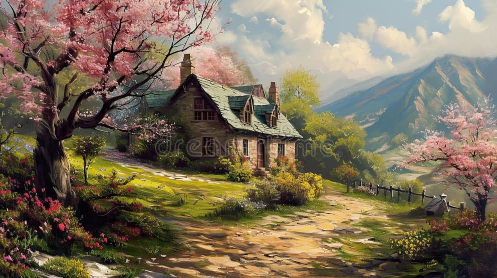 Spring Landscape with Cottage and Blooming Tree Stock Image - Image of ...