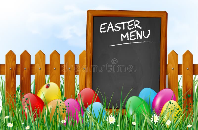 Spring Landscape with Easter Eggs and EASTER MENU Chalkboard Stock ...