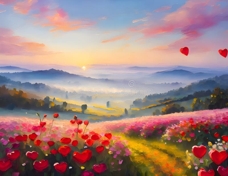 Spring Landscape with Flower and Heart, Valentine Concept Stock ...