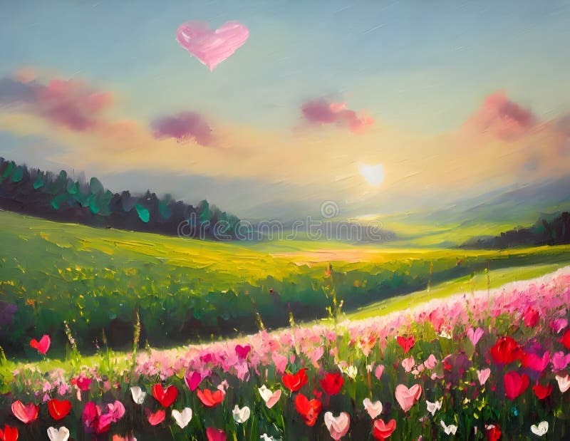 Spring Landscape with Flower and Heart, Valentine Concept Stock ...
