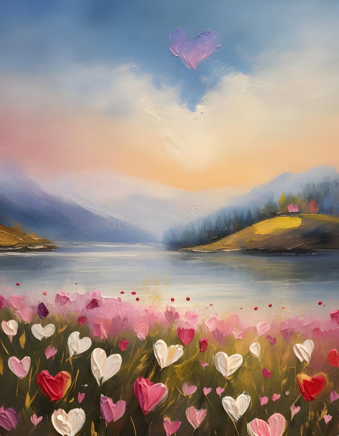 Spring Landscape with Flower and Heart, Valentine Concept Stock ...