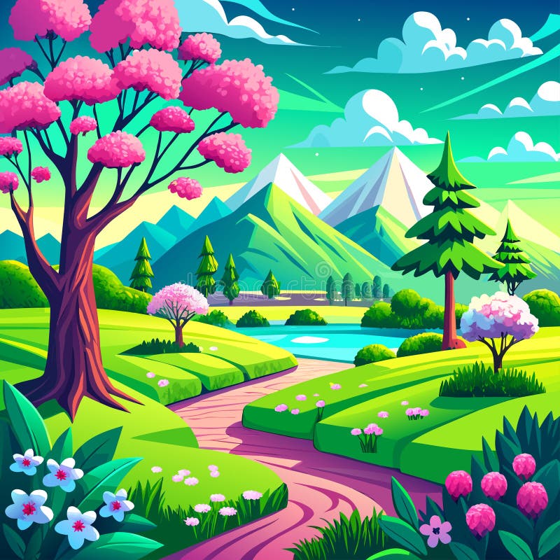 Spring Landscape with Flowers, River and Mountains. Stock Illustration ...