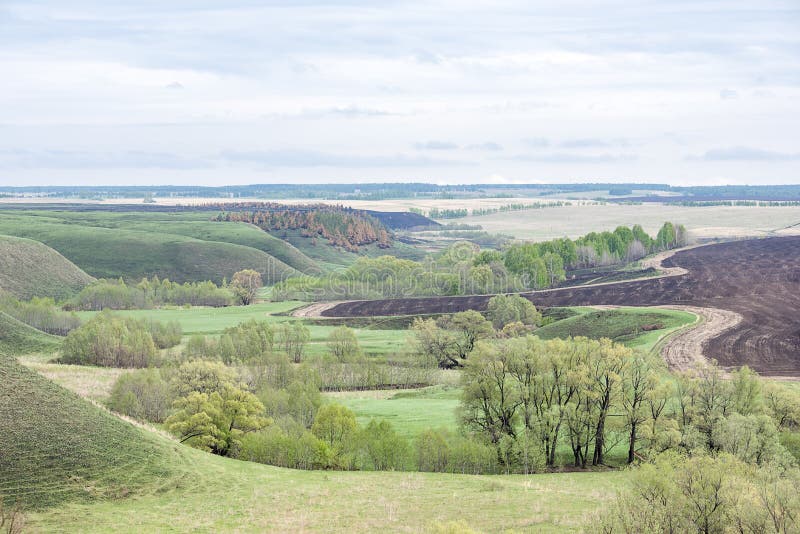 Spring Landscape with Hills, Trees, Fields Stock Photo - Image of ...