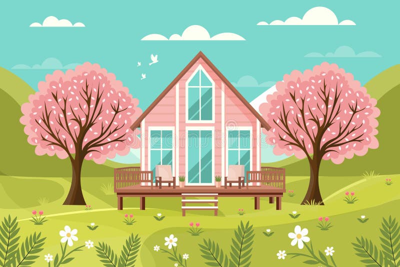 Spring Landscape with House and Blossoming Trees Vector Illustration ...